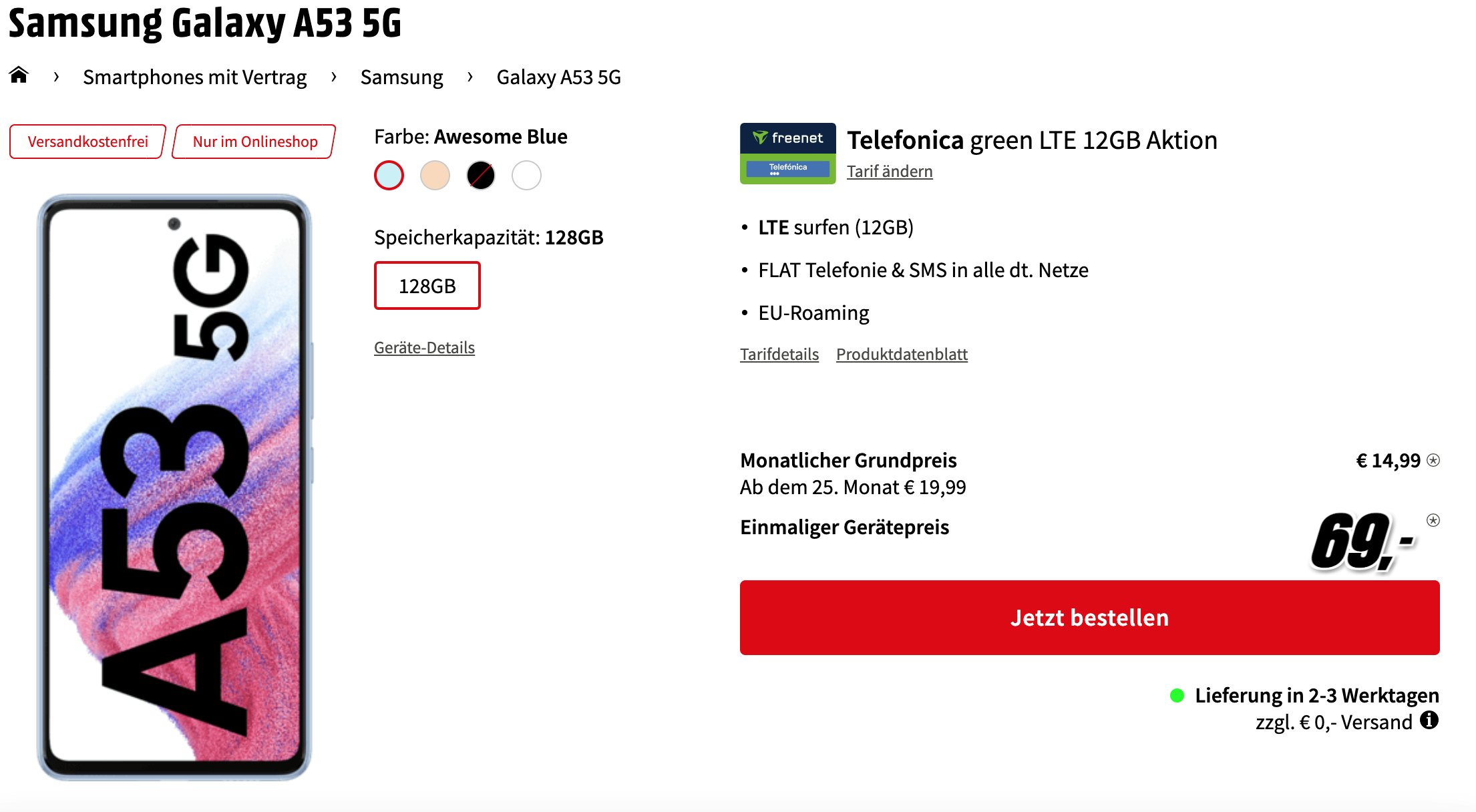 Samsung Galaxy A53 5G (128 GB) im Telefonica green LTE 12GB für 20 ...