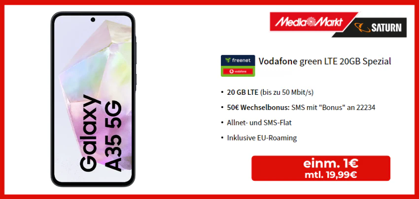 Mit 50€ Wechselbonus! 🤩 Samsung Galaxy A35 5G für 1€ - im Vodafone ...