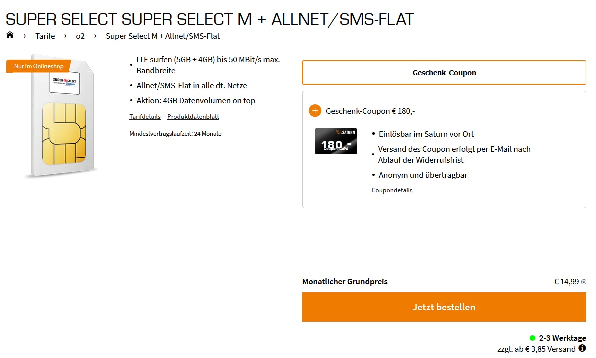 Super Select M Telefónica/o2 Tarif + 180€ Geschenkgutschein für 16 ...