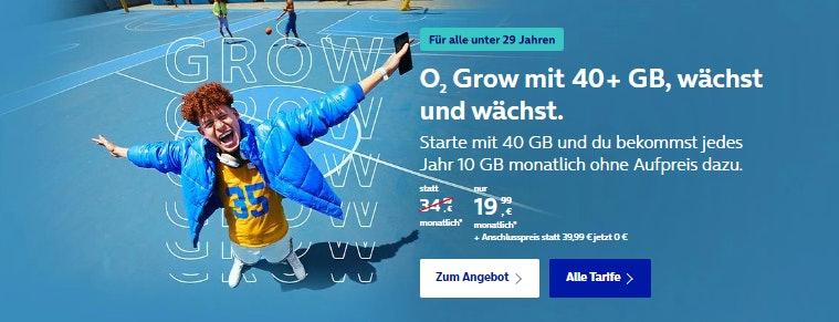 o2 Grow Young für 19,99€ im Monat - 40GB LTE/5G + 10GB pro Jahr on top ...