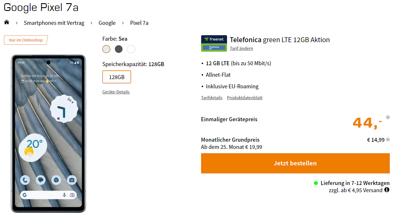 Google Pixel 7a für 44€ | 12GB o2-Tarif für 14,99€/mtl.